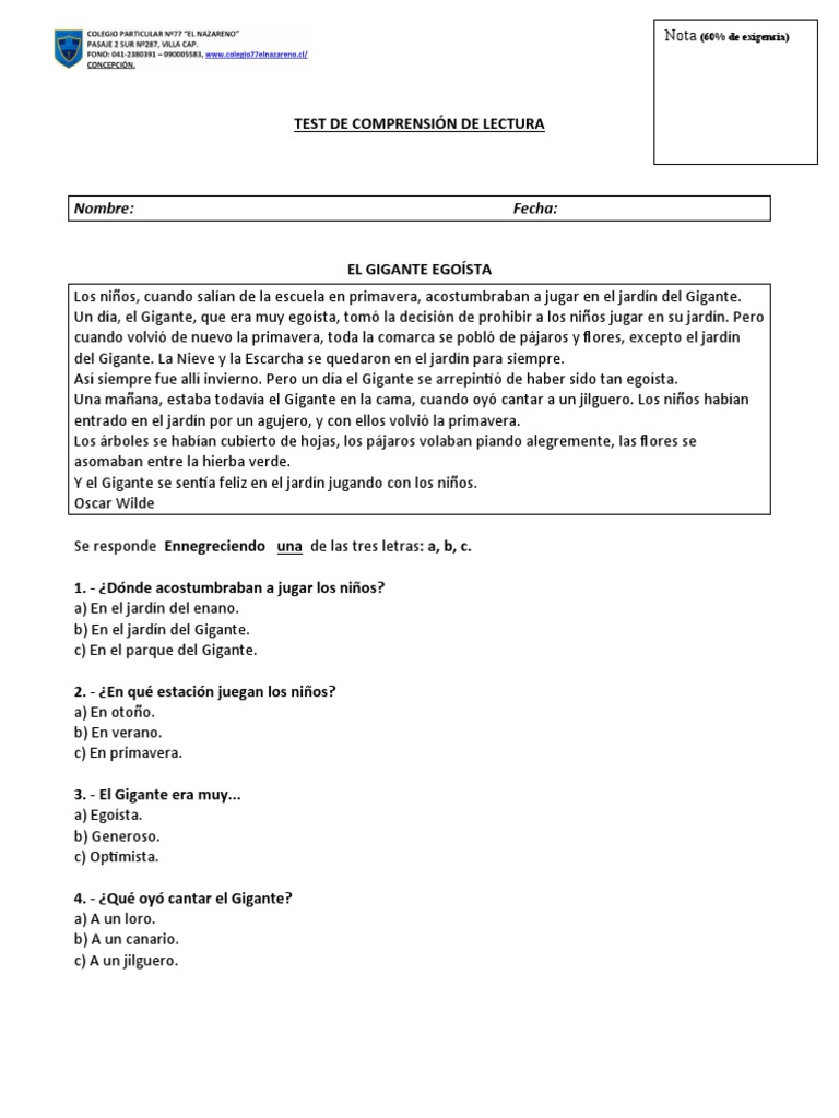 Mini Test de Comprension Lectora | PDF | Caperucita Roja