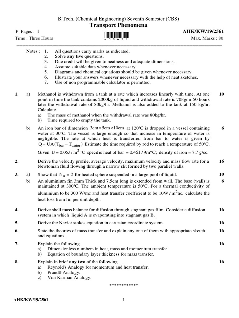 Transport Phenomena: B.Tech. (Chemical Engineering) Seventh Semester ...