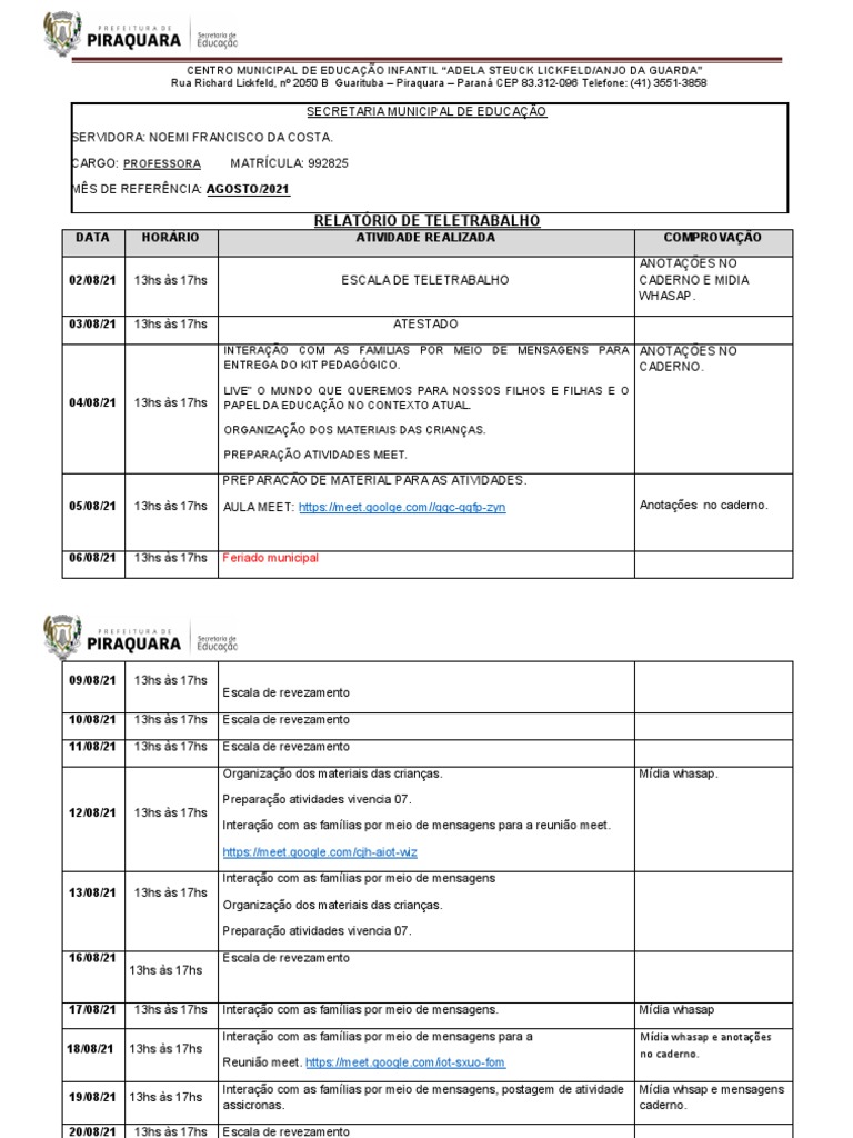 Relatório de Teletrabalho - CMEI Adela Steuck | PDF