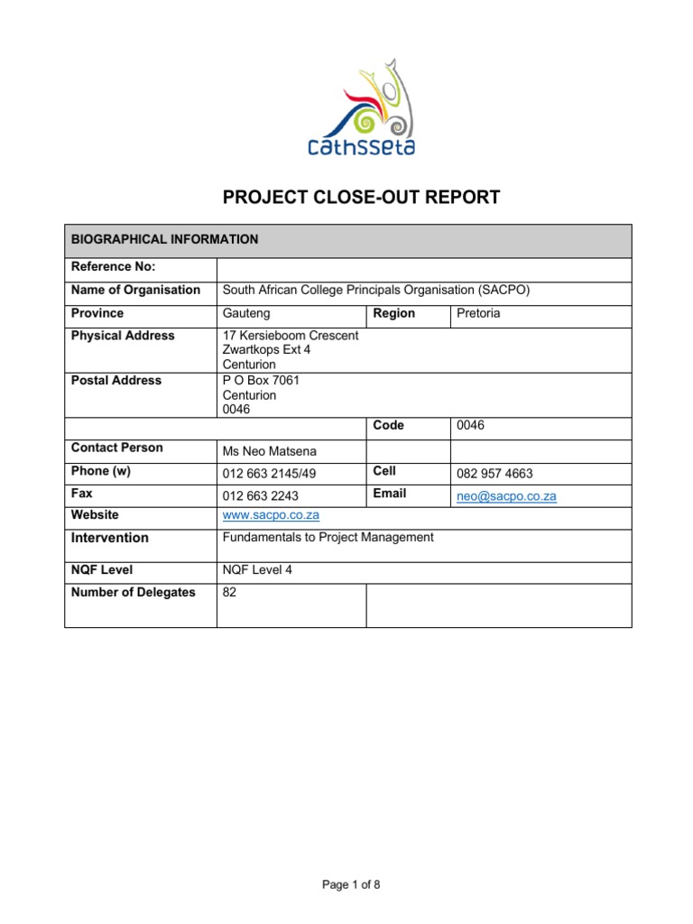 CATHSSETA Project Close-Out Report | PDF | Learning | Communication
