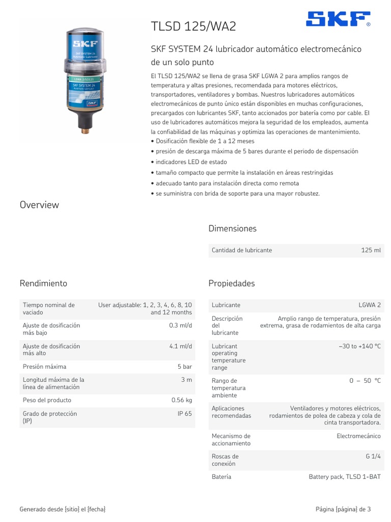 Lubricador Automático SKF TLSD 125/WA2 | PDF