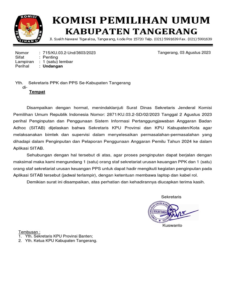 Surat Undangan Sekretaris PPK Dan PPS (Aplikasi SITAB) | PDF