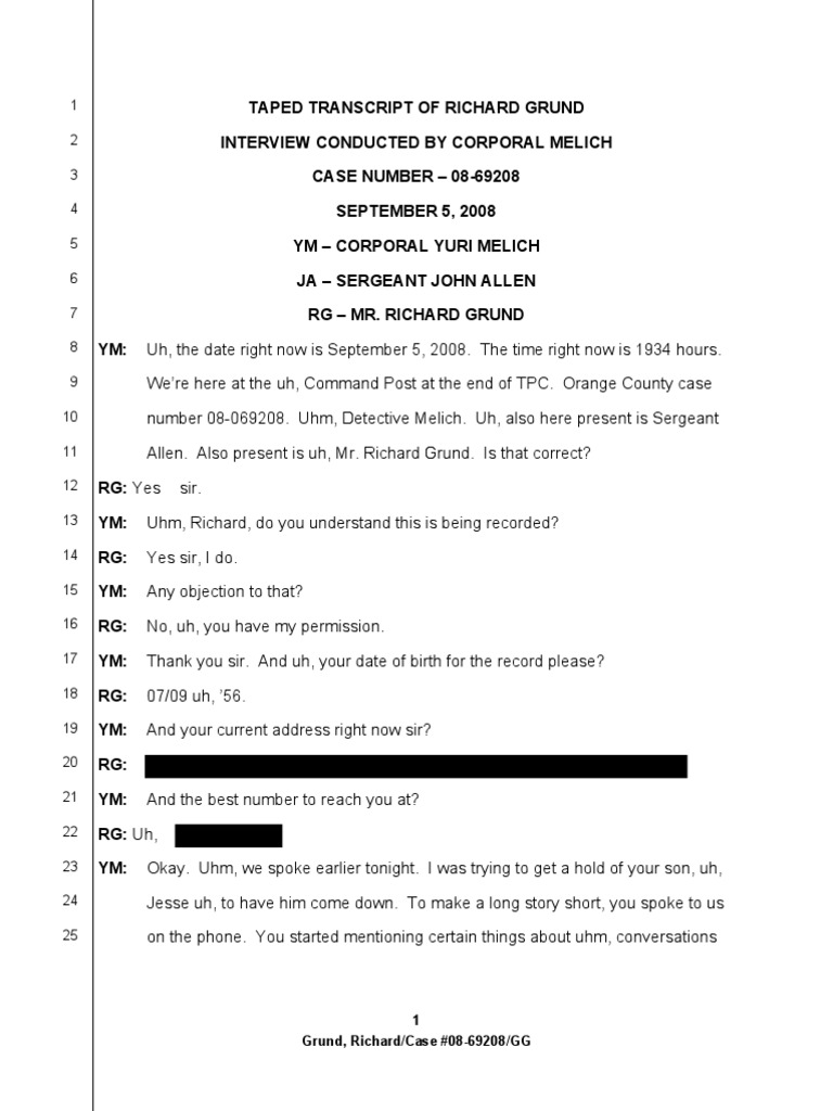 Casey Anthony - Richard Grund 9-5-08 Transcript | PDF