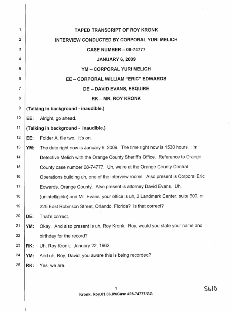 Casey Anthony - Roy Kronk 1-6-09 Transcript | PDF