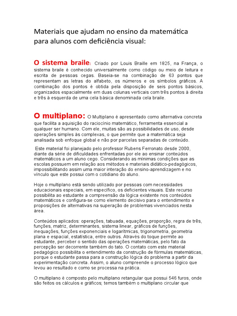 Materiais Que Ajudam No Ensino Da Matemática para Alunos Que Possuem Deficiência Visual | PDF ...