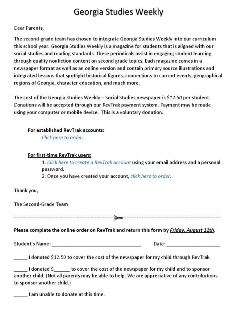Ga Studies Weekly Order Form Parent Letter 2023 | PDF