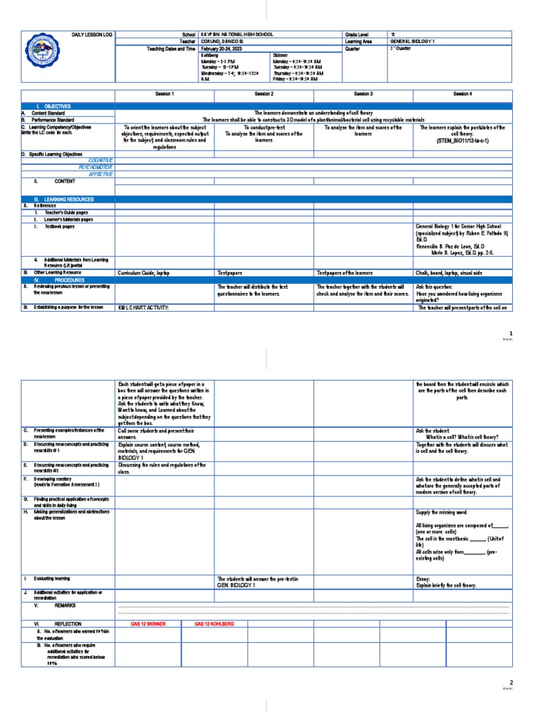01-DLL Biology-1 2022-2023 Coruno | PDF | Learning | Theory