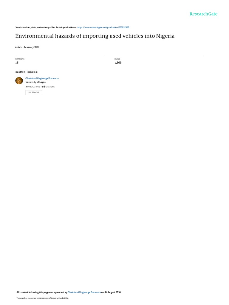 Environmental Hazards of Importing Used Vehicles I | PDF