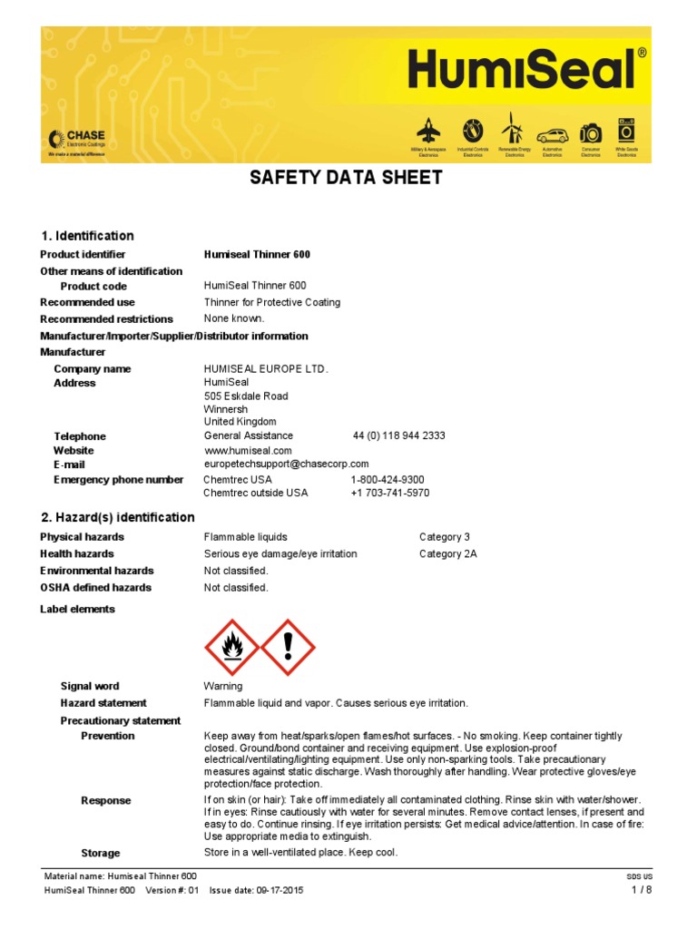 Humiseal Thinner 600 Safety Data Sheet | PDF