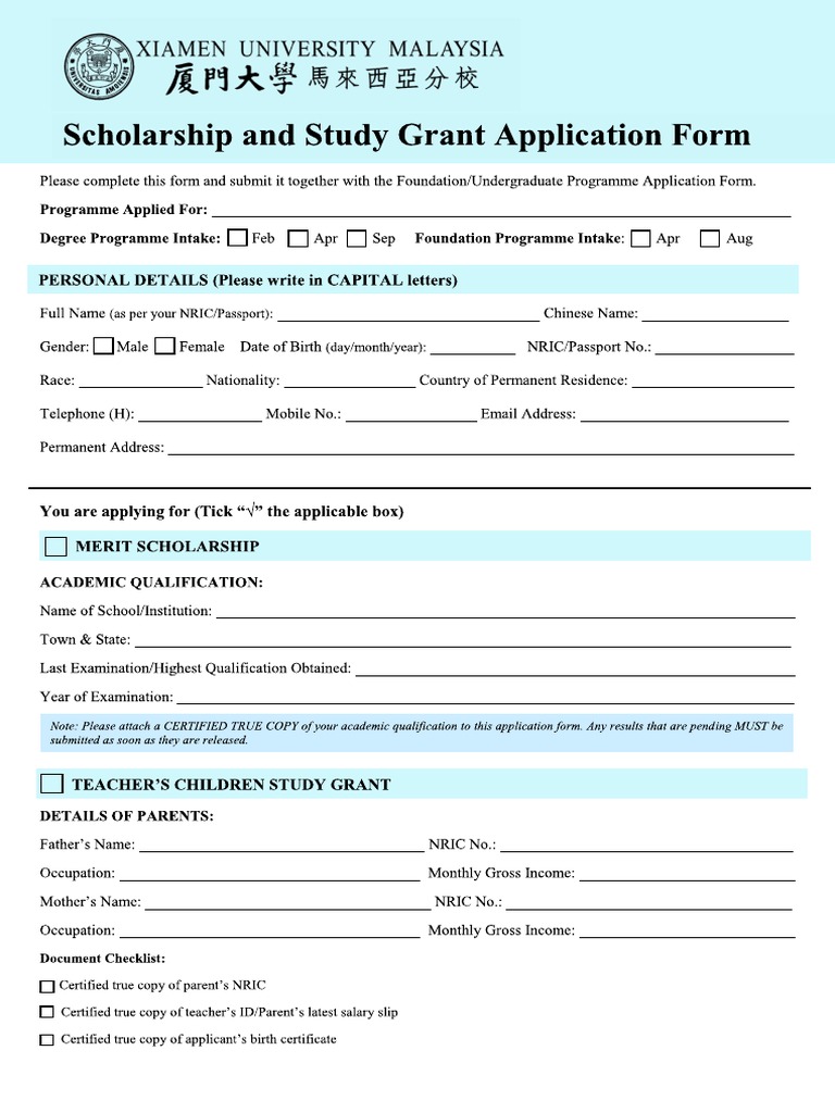 Scholarship and Study Grant Application Form | PDF