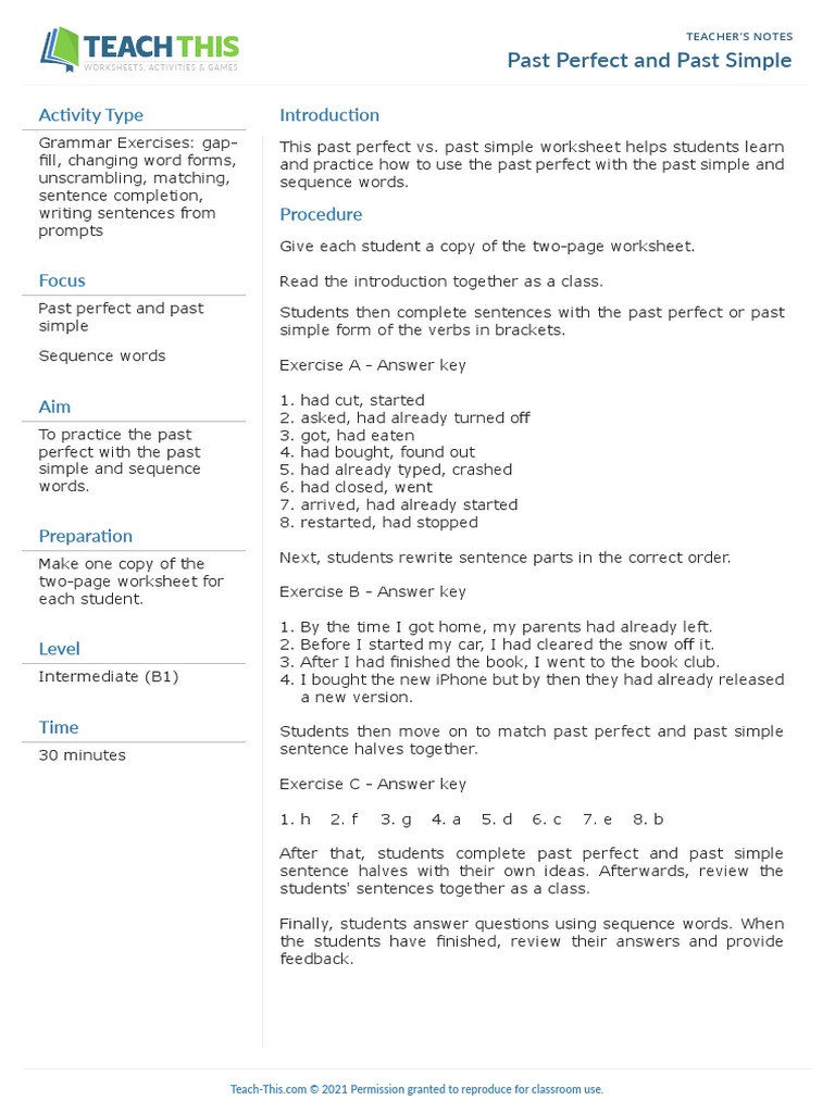 Past Perfect and Past Simple Worksheet | PDF | Perfect (Grammar) | Language Mechanics