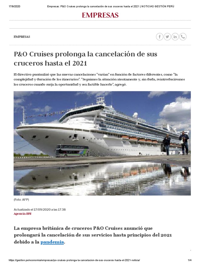 P&O Cruises prolonga la cancelación de sus cruceros hasta el 2021 | PDF | Crucero