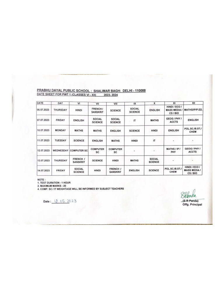 Date Sheet For PWT 1 (Classes Vi - Xii) | PDF