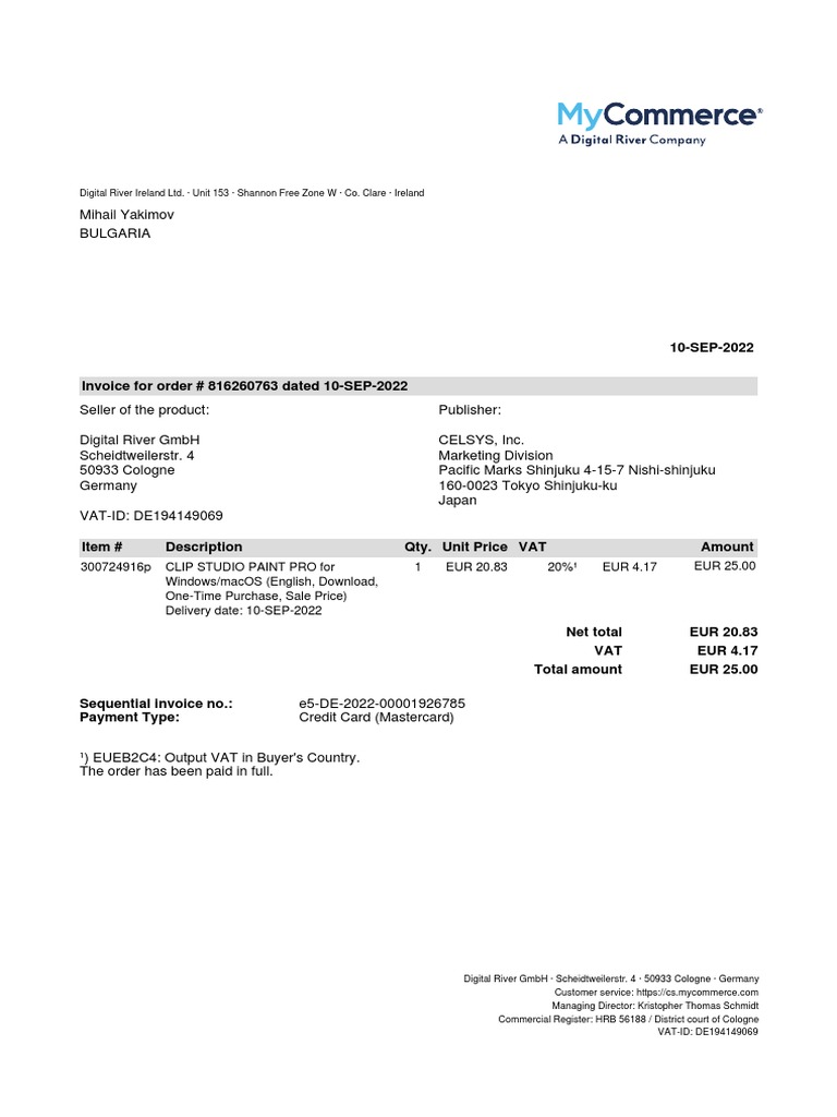 Clip Studio Paint Pro Invoice Details | PDF | Invoice | Value Added Tax