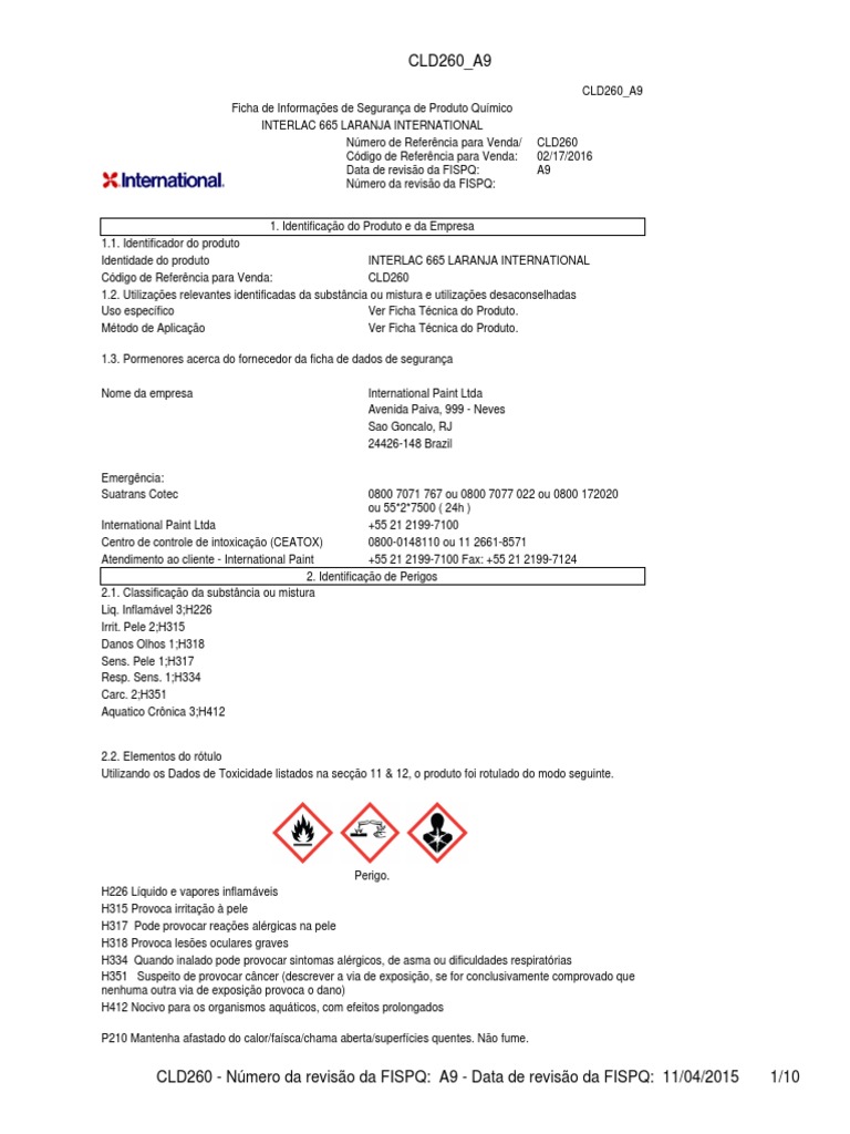 FISPQ - Interlac 665 - Laranja - Internacional | PDF | Solvente | Câncer
