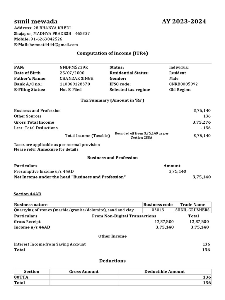 AY2023 24 Sunil Mewada GNDPM5239R Computation | PDF | Taxes | Income Tax