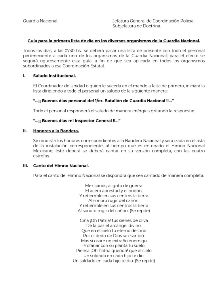 Guía para A Primera Lista de Día en Los Diversos Organismos de La Guardia Nacional | PDF ...