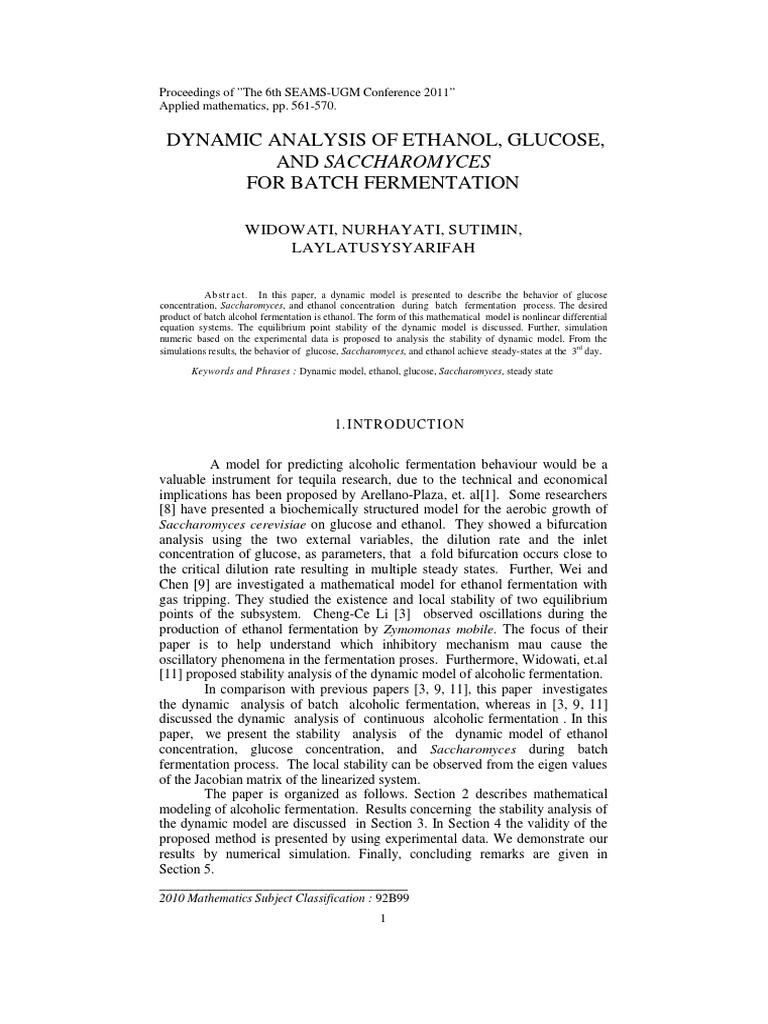 Paper - 2011 - Widowati - Glucose-Ethanol Fermentation Dynamic Model | PDF | Stability Theory ...