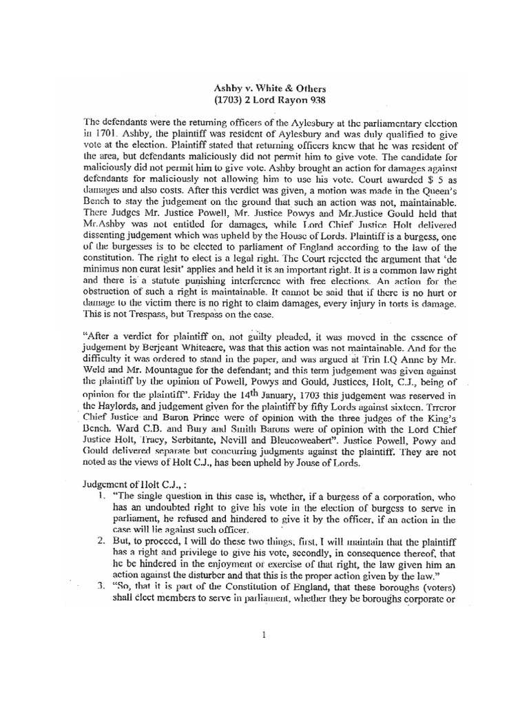 Ashby V White & Burnard V Haggis | PDF