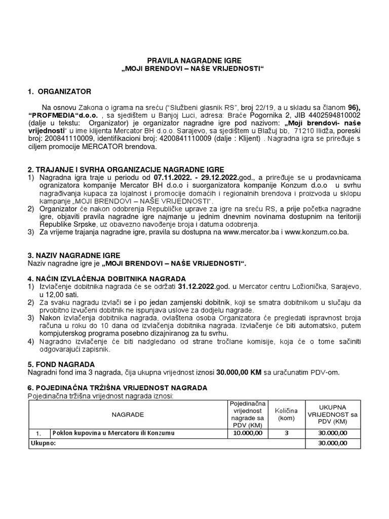 Pravila Nagradne Igre Moji Brendovi RS2 | PDF