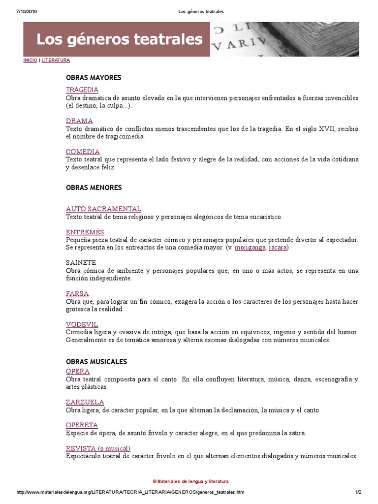 Los Géneros Teatrales | PDF | Teatro | Comedia