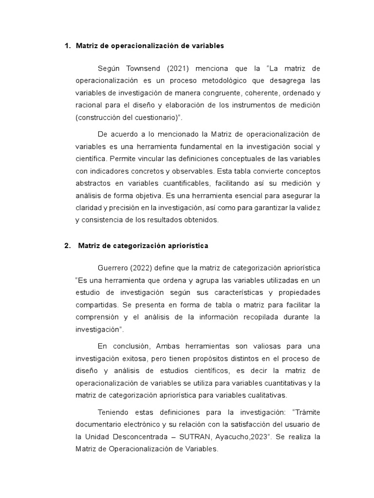 Matriz de Operacionalización de Variables | PDF | Cognición | Science