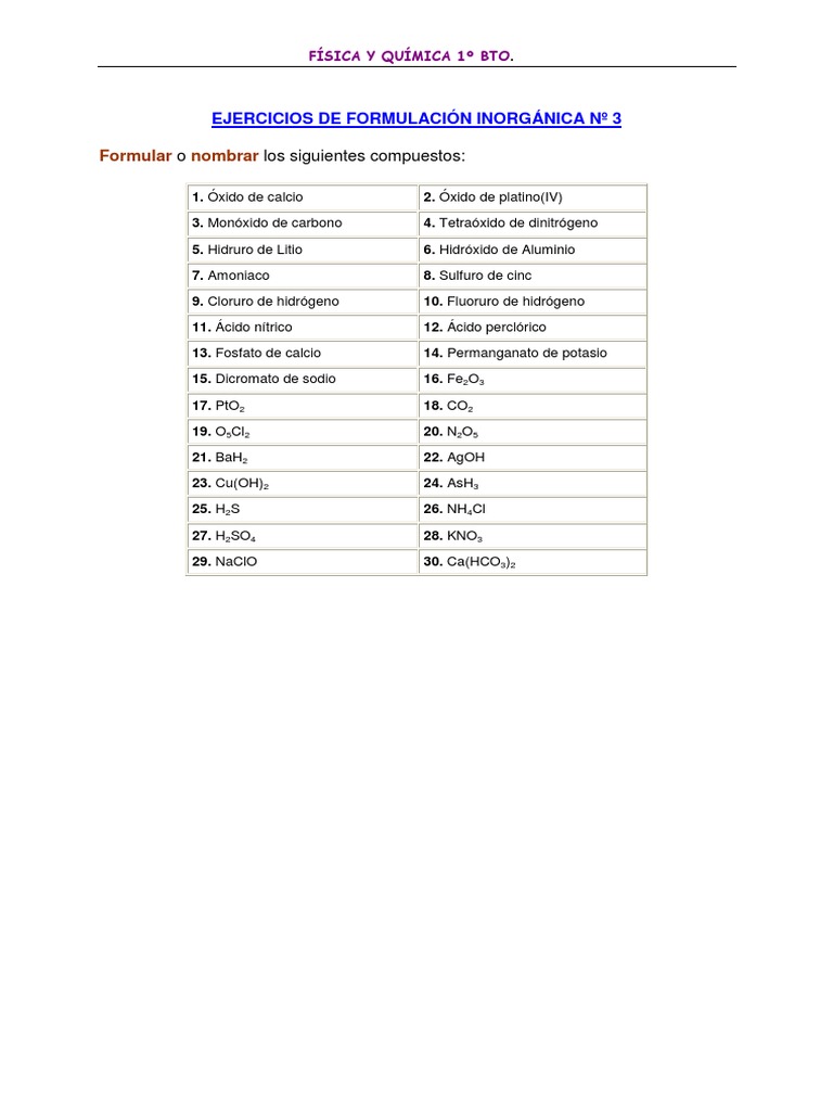 Ejercicios de Formulación Inorgánica | PDF | Ciencia y matemáticas