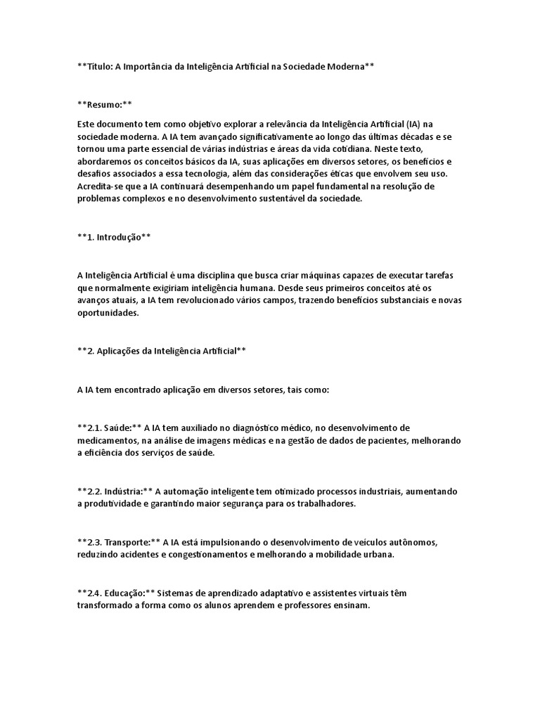 A Importância Da Inteligência Artificial Na Sociedade Moderna | PDF ...