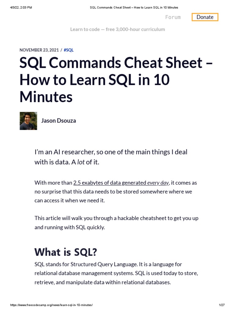 Sql Commands Cheat Sheet How To Learn Sql In 10 Minutes Pdf Database Index Relational Model 8303