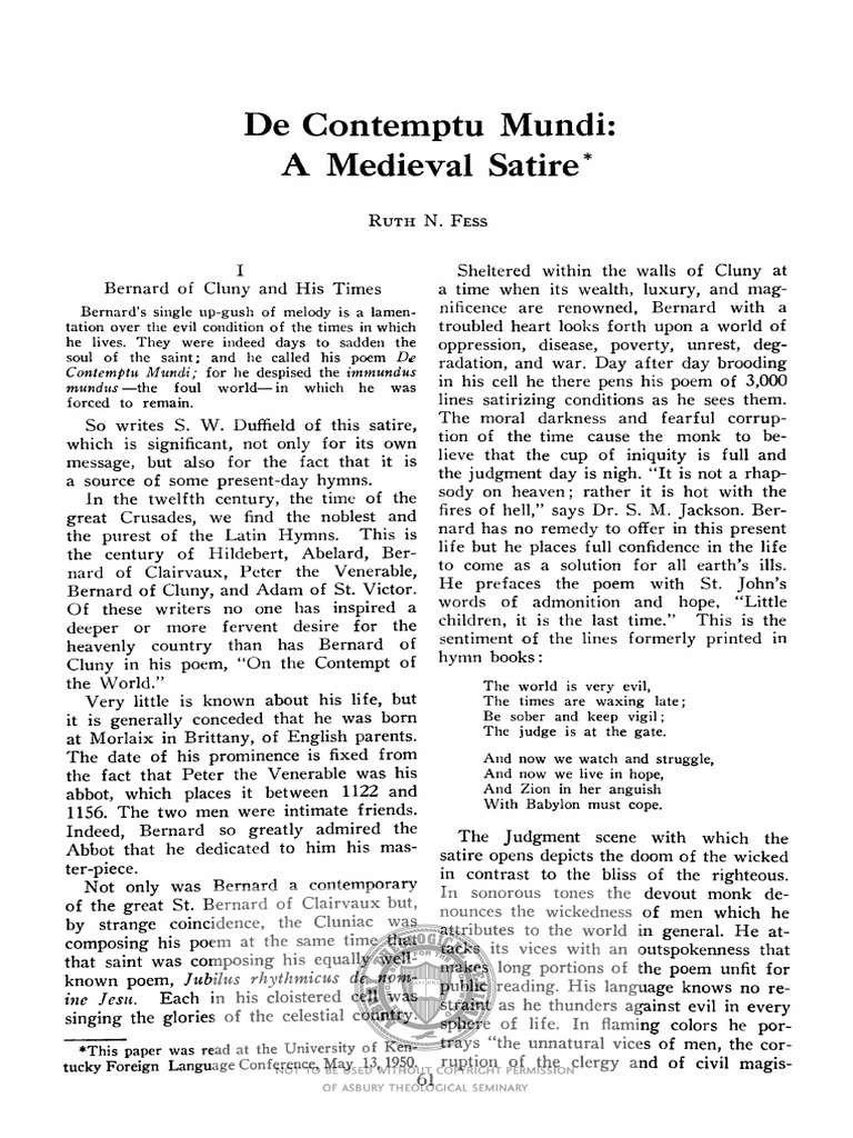De Contemptu Mundi A Medieval Satire | PDF | Hymns