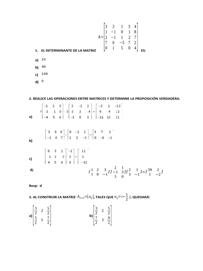 Taller Matrices | PDF | Matriz (Matemáticas) | Determinante