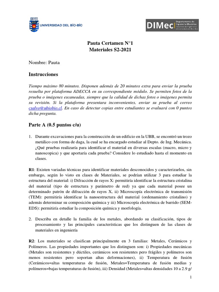 Pauta Certamen 1-Materiales S22021 | PDF | Ingeniería Cerámica | Materiales