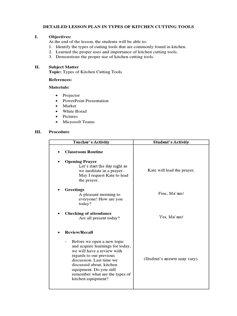Donna Detailed Lesson Plan - 2-2-8 | PDF | Knife | Equipment