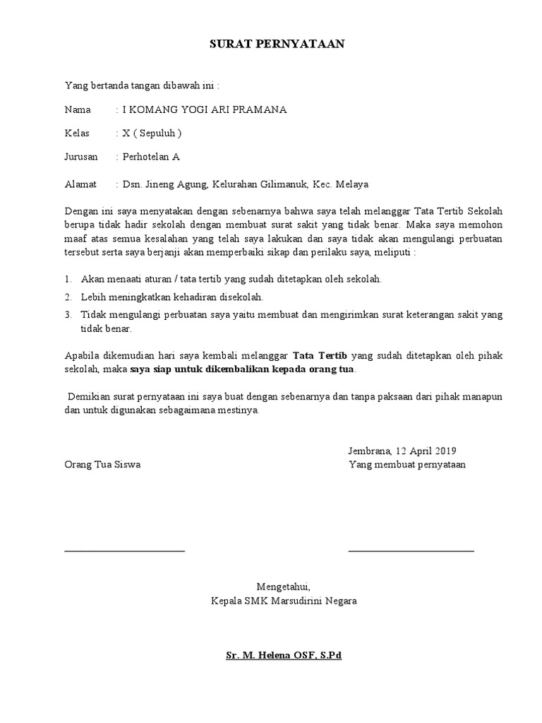 SURAT PERNYATAAN Siswa Nakal | PDF | Pengembangan Diri