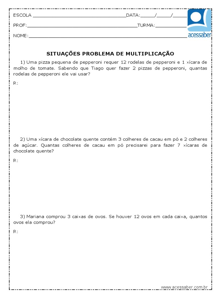 Atividade de Matematica Situacoes Problema de Multiplicacao 2 Ano e 3 ...