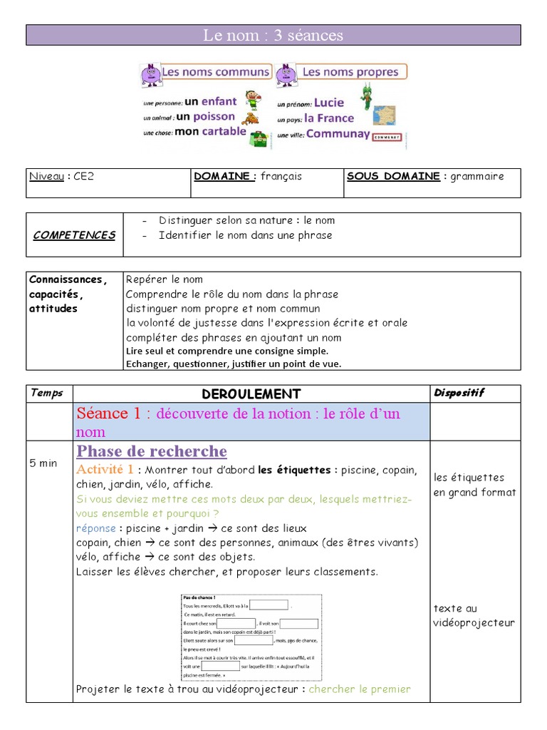 Fiche Prépa Noms Ce2 | PDF
