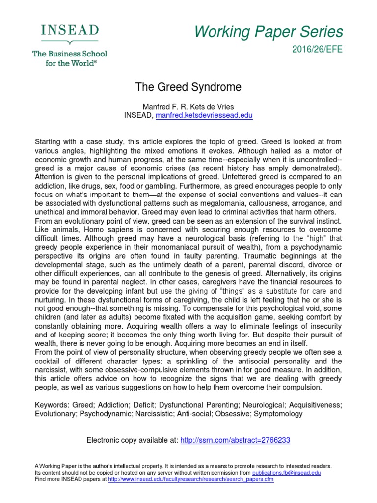 Working Paper Series: The Greed Syndrome | Download Free PDF | Greed | Altruism