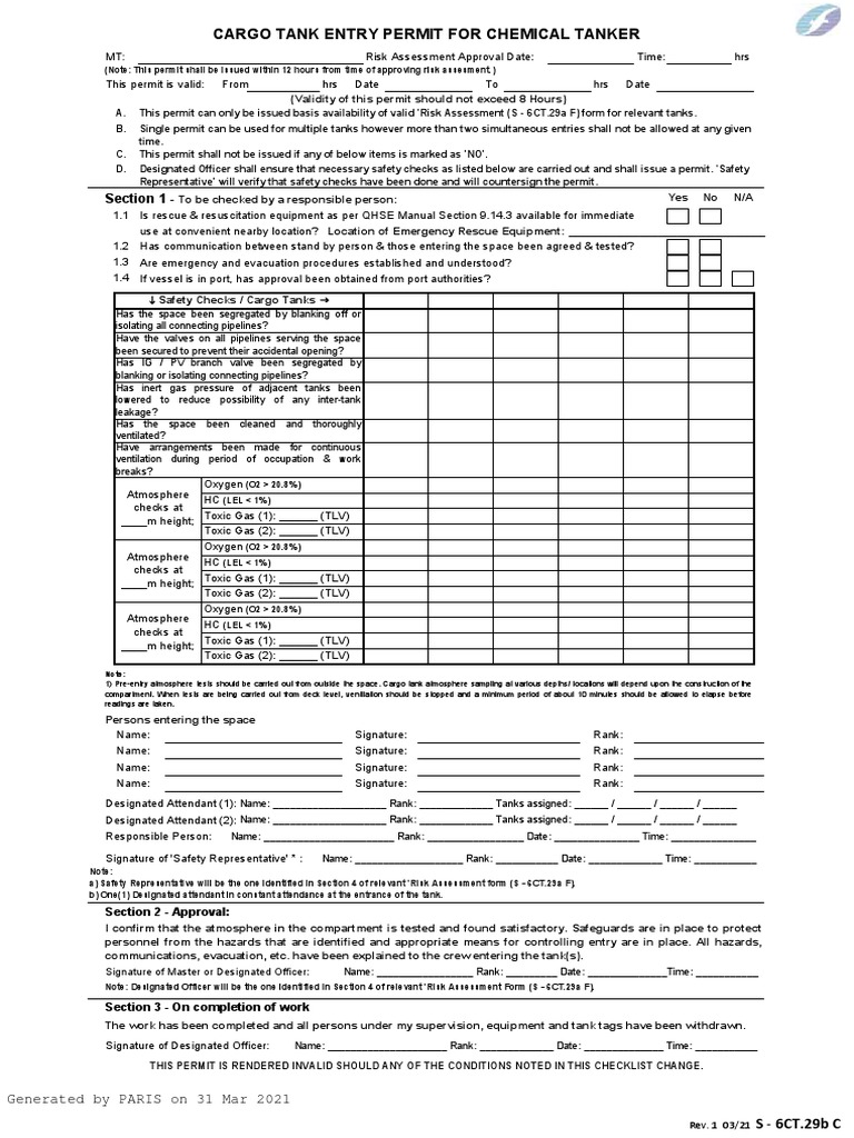 Cargo Tank Entry Permit Checklist | PDF | Oil Tanker