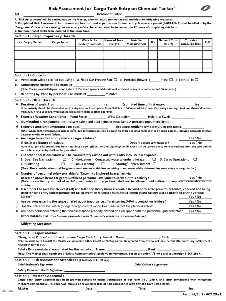 S 6CT.29aF RA For Cargo Tank Entry On Chemical Tankers | PDF | Risk ...