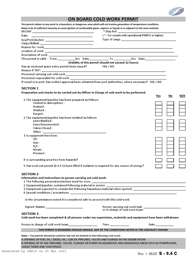 S 9.4C - Cold Work Permit | PDF | Pipeline Transport | Valve