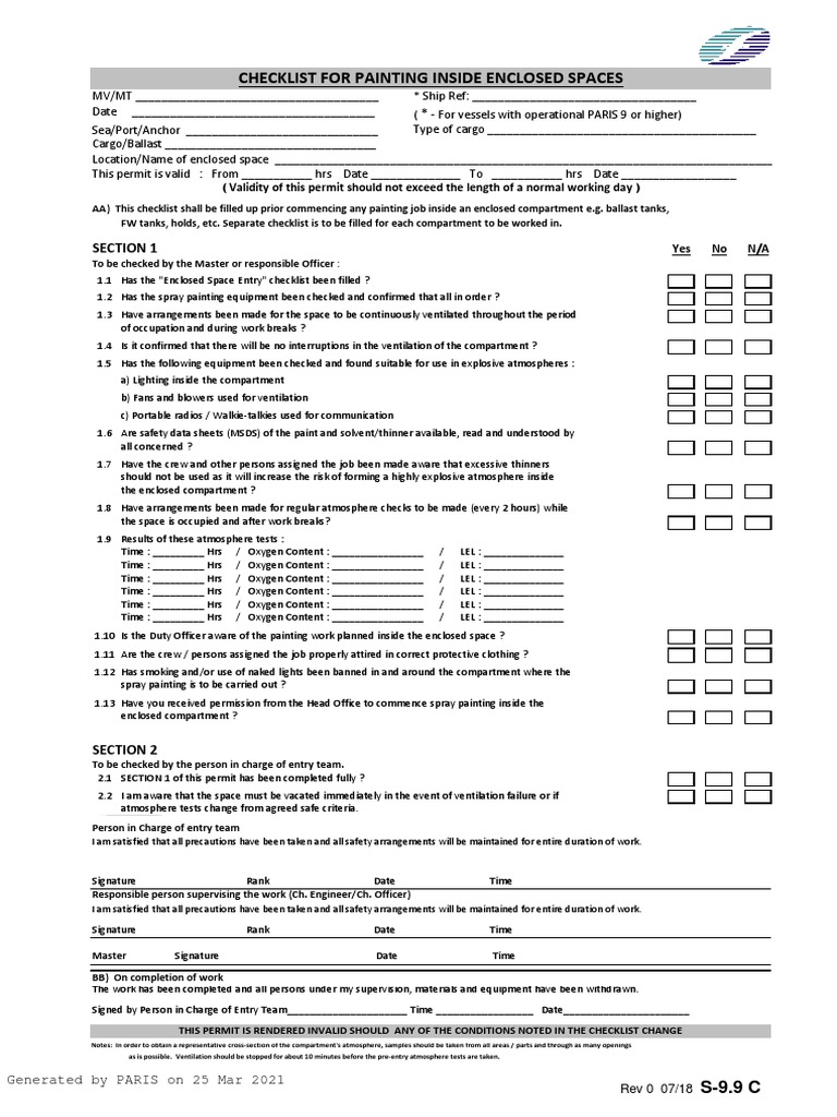 Enclosed Space Painting Permit Checklist | PDF
