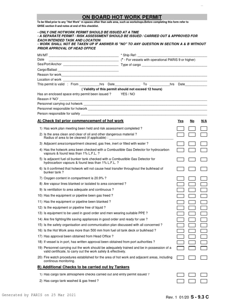 Onboard Hot Work Permit Checklist | PDF | Fuel Oil | Oil Tanker