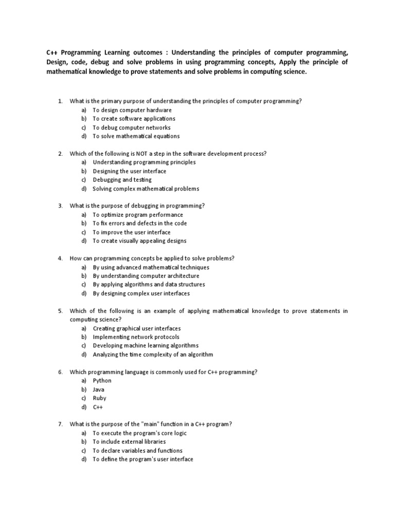 C++ MCQ Based On Learning Outcomes | PDF | Computer Programming | Programming