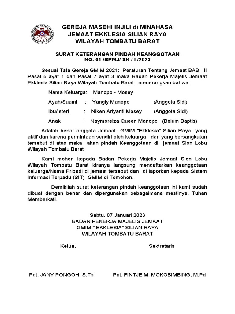 Surat Keterangan Pindah Jemaat GMIM | PDF