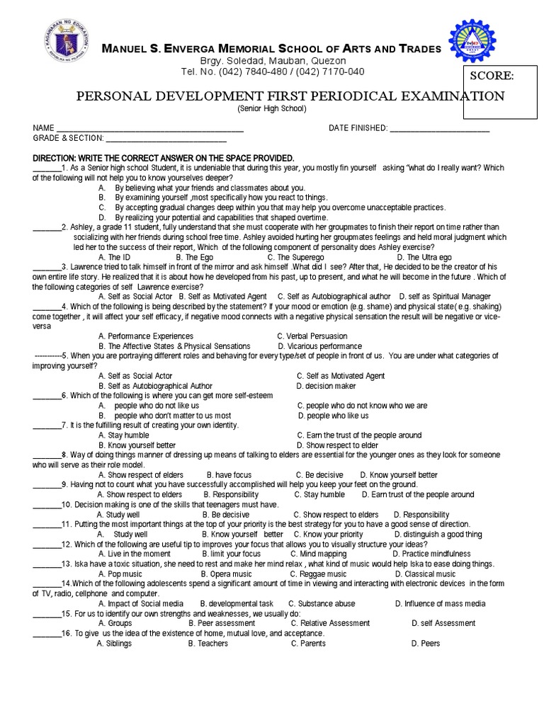 Senior High Personal Development Exam | PDF | Id | Adolescence