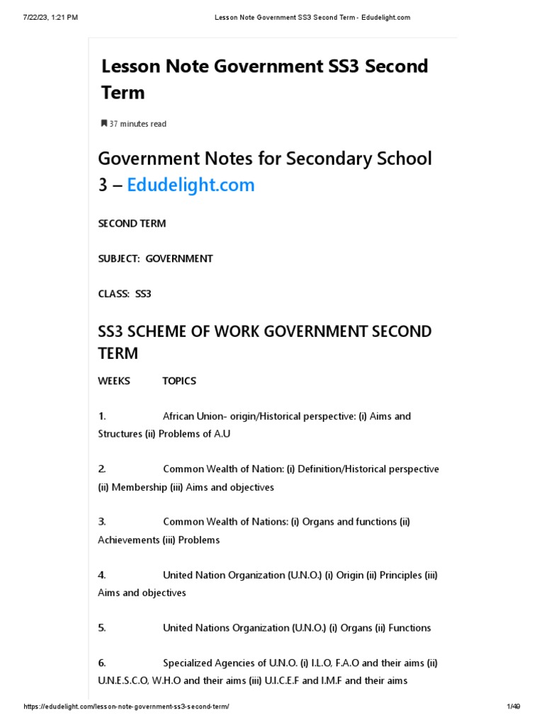 Lesson Note Government SS3 Second Term | PDF | United Nations General ...