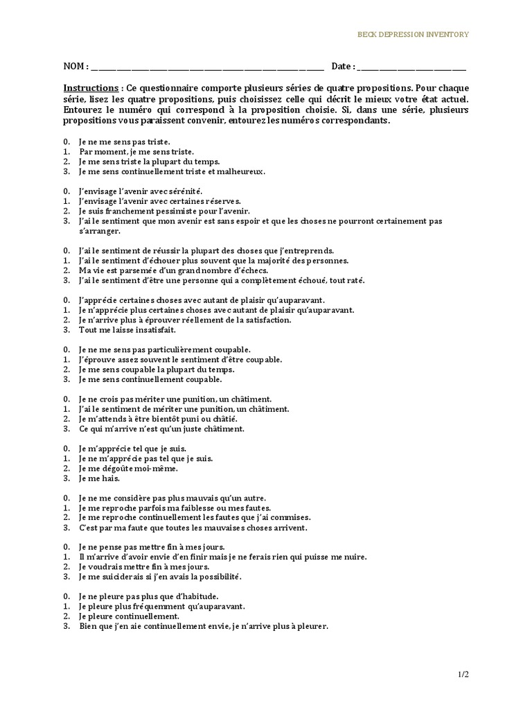 Beck Depression Inventory | PDF