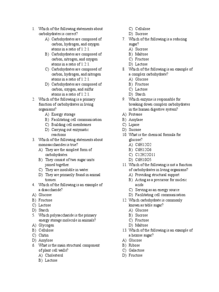 Carbohydrate Worksheet | PDF | Carbohydrates | Polysaccharide