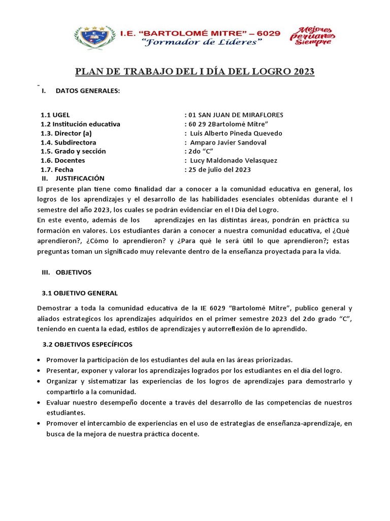 Plan de Trabajo-Dia Del Logro | PDF | Enseñando | Maestros