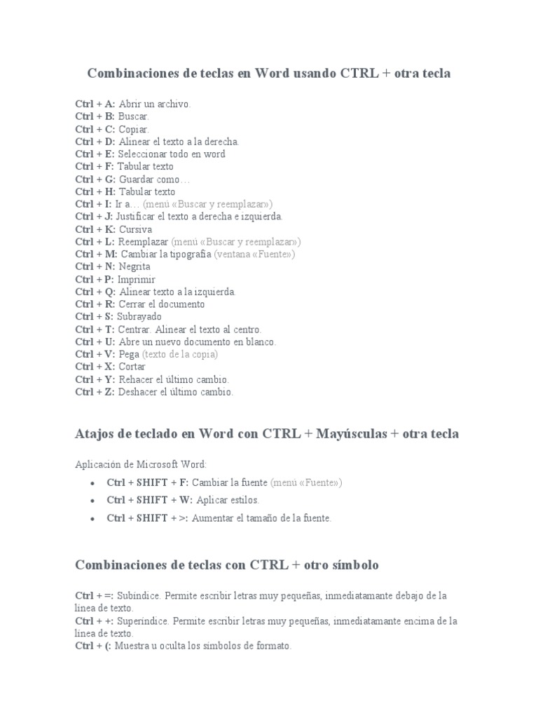 Combinaciones de Teclas en Word Usando CTRL | PDF | Archivo de ...
